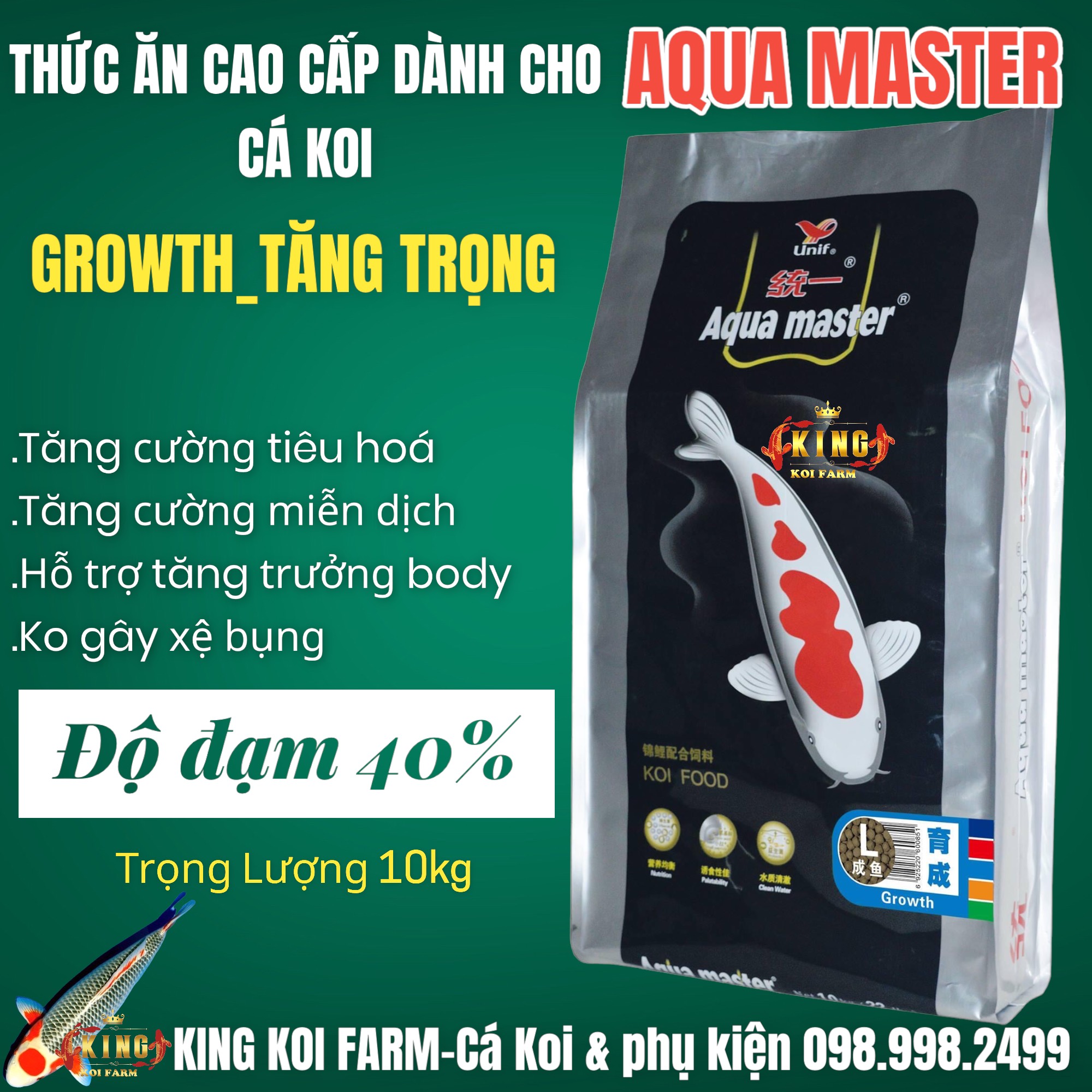 Thức ăn cá Koi Aqua master GROWTH_ tăng trọng (bao 10kg) - King Koi Farm